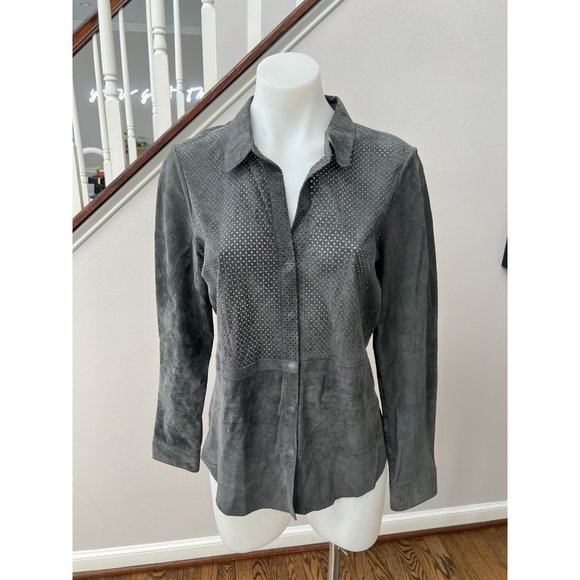 ecru | Jackets & Coats | Ecru 0 Suede Laser Cut Snap Down Western Shirt Jacket Blue Grey Size ...